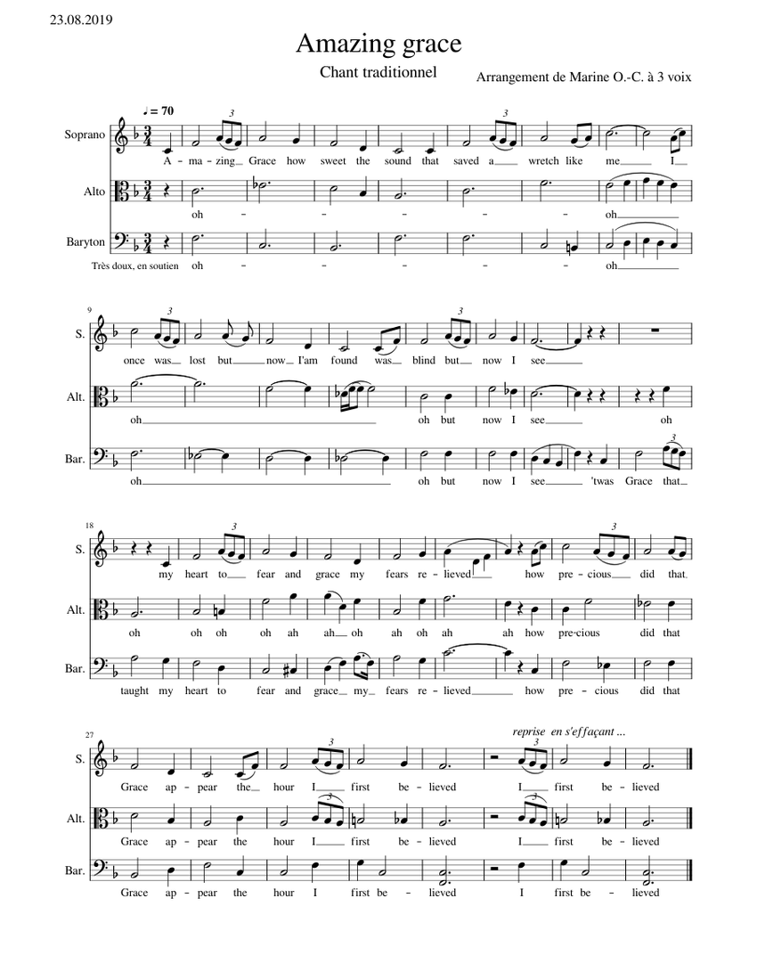 Amazing Grace Alto sec violon Sheet music for Vocals, Baritone, Viola ...