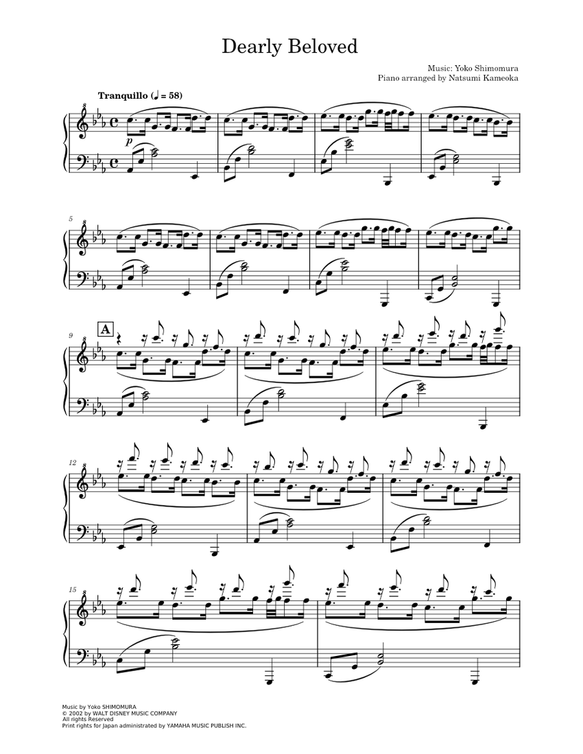 Piano Collections KINGDOM HEARTS - Dearly Beloved - Yoko Shimomura & Natsumi Kameoka Sheet Music ...