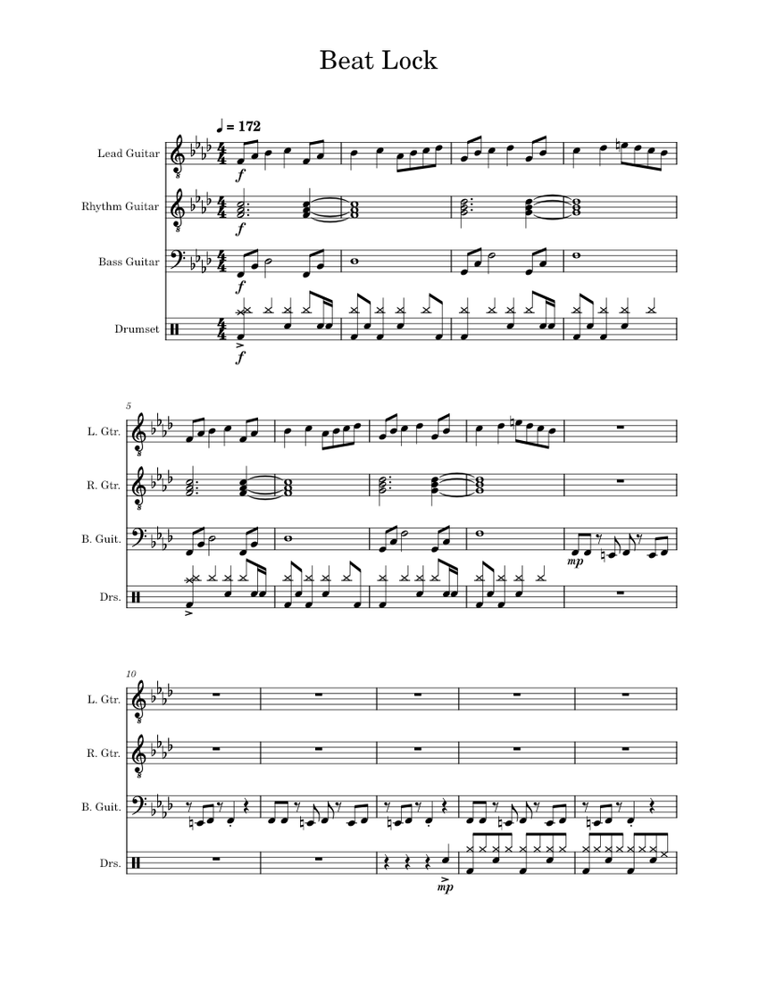 Beat Lock Sheet music for Guitar, Bass guitar, Drum group (Mixed ...