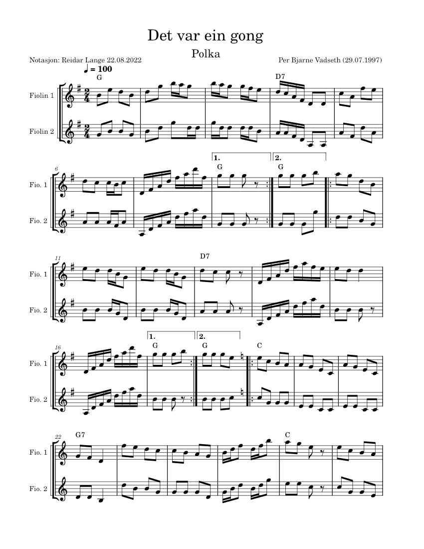 Det var ein gong – Per Bjarne Vadseth Det var ein gong Sheet music for ...