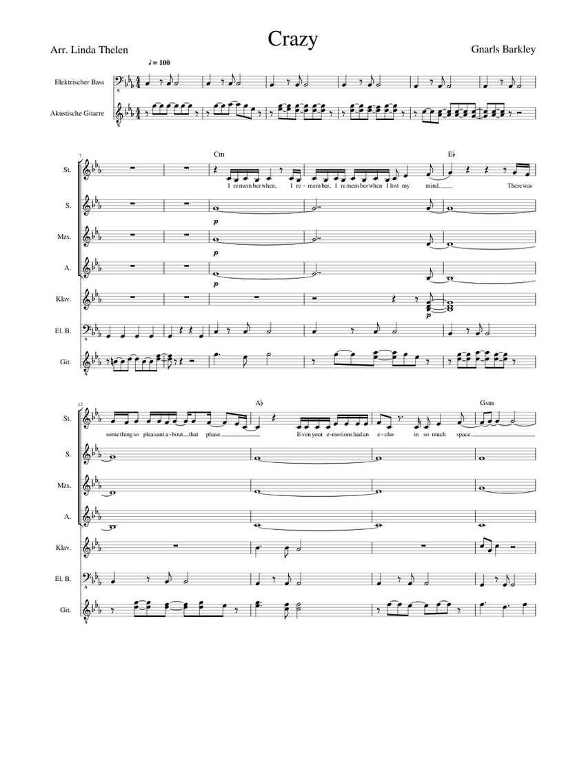 Crazy - Gnarls Barkley / Cee Lo Green Sheet Music with Chords for Piano ...