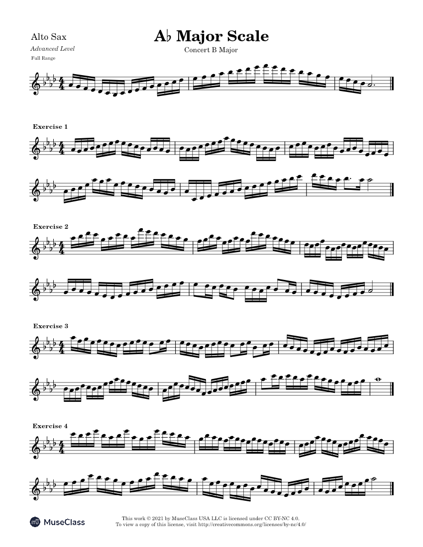 Concert B Major Scale Exercises-Advanced for Alto Sax Sheet Music for ...