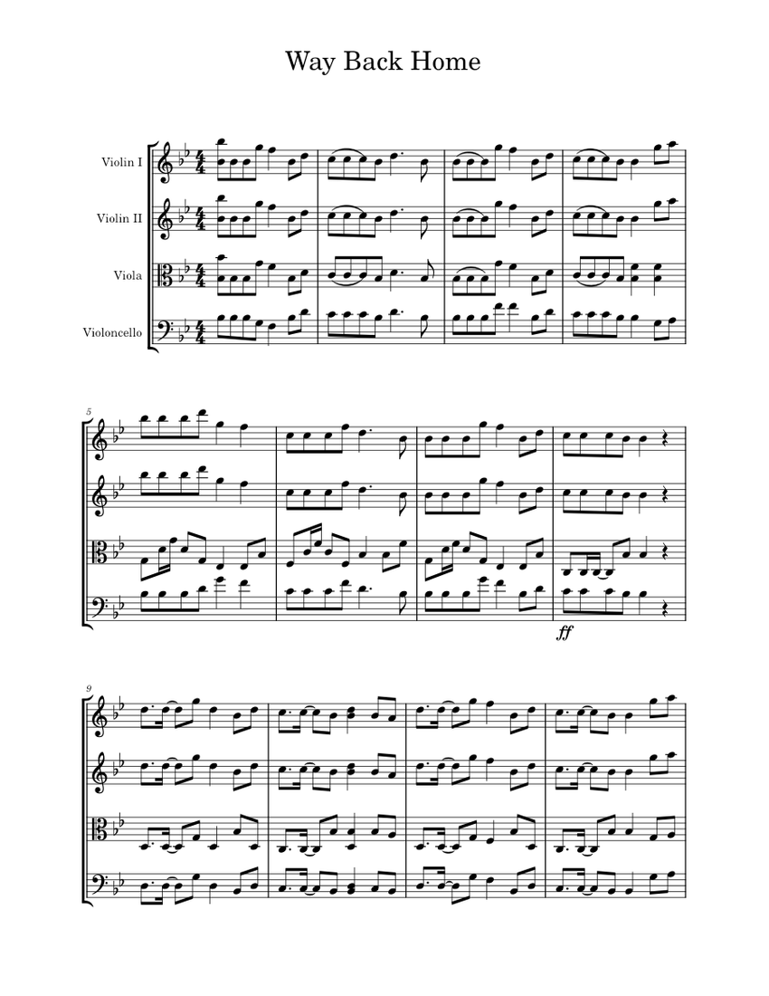 Way Back Home Sheet Music for Violin, Viola, Cello (String Quartet ...