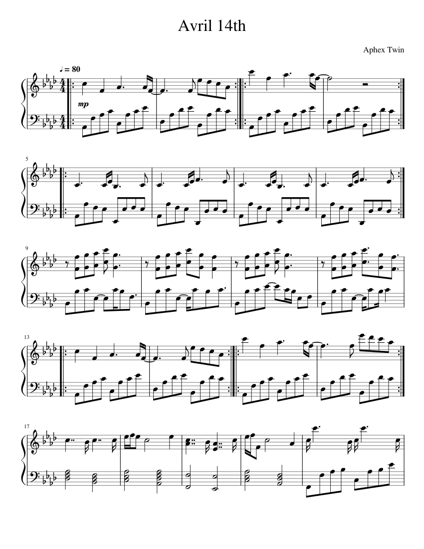 Aphex Twin - Avril 14th Sheet Music for Piano (Solo) easy | MuseScore.com