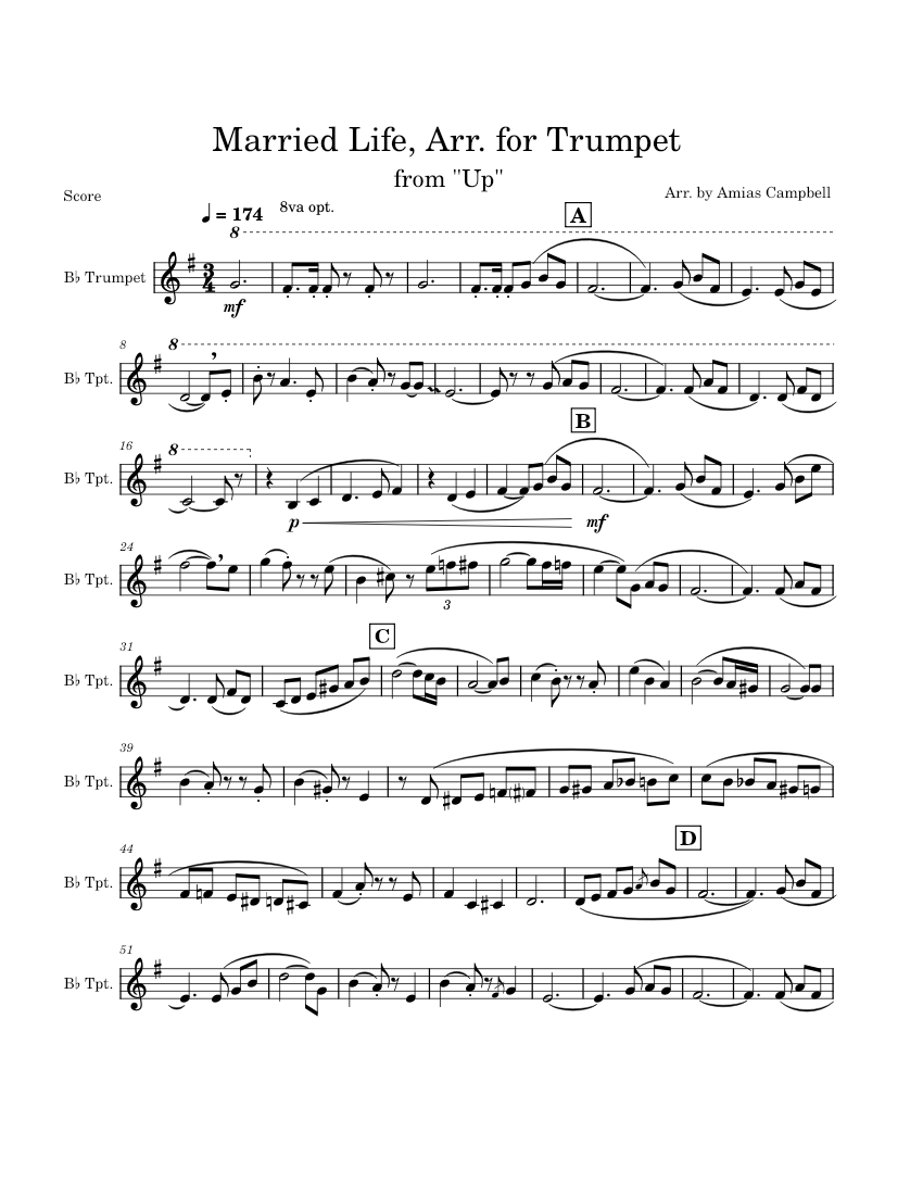 Up - Married Life, Arr, for Trumpet Sheet Music for Trumpet in b-flat ...