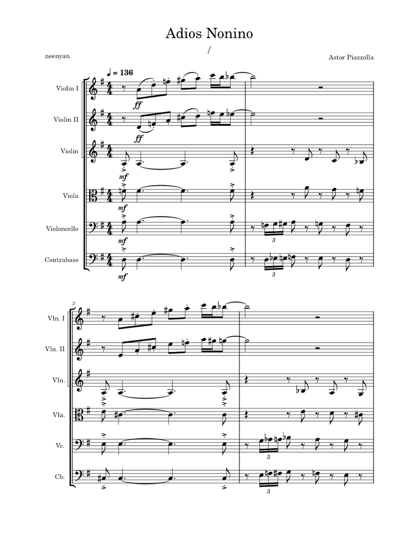 Adios nonino – Astor Piazzolla Adios Nonino - Astor Piazzolla Arr ...