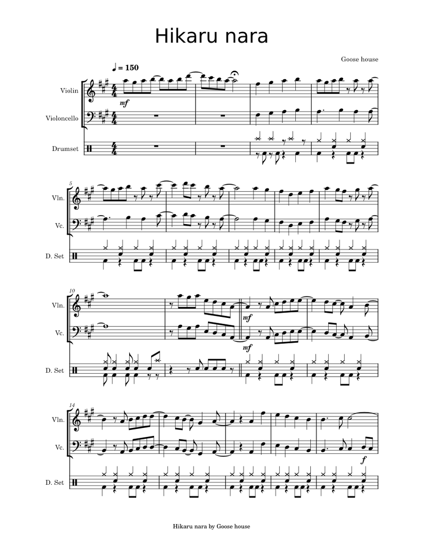 Hikaru nara – Goose house Hikaru nara Sheet music for Violin, Cello ...