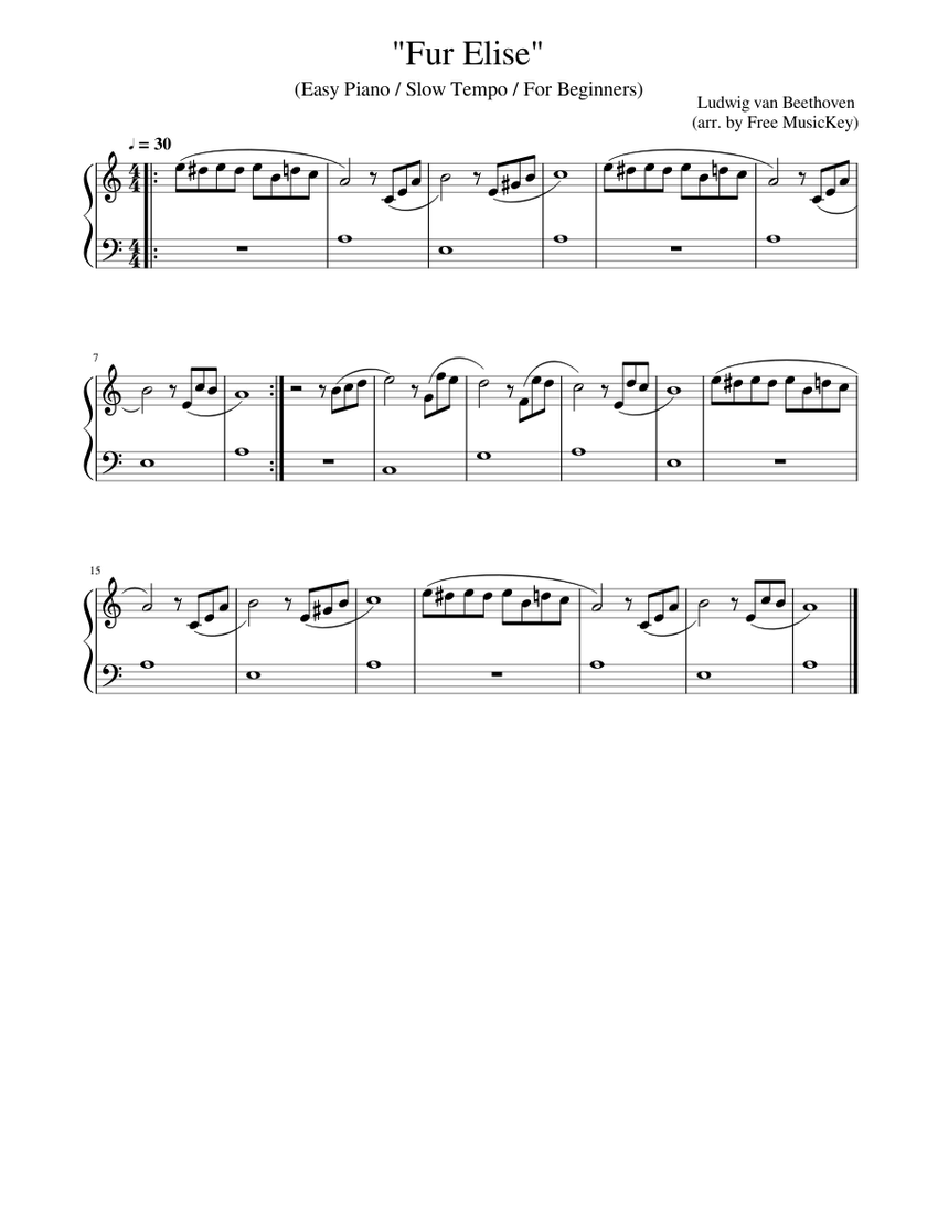 Ludwig van Beethoven "Fur Elise" For Beginners Slow Tempo (arr. by Free ...