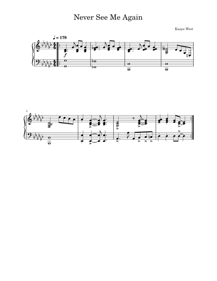Never See Me Again – Kanye West Sheet Music for Piano (Solo) Easy ...