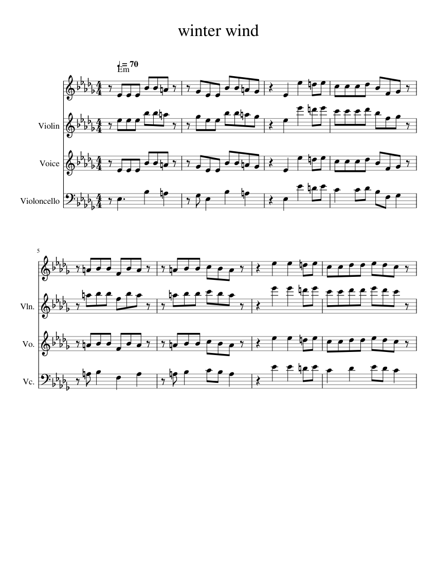 winter wind Sheet music for Piano, Vocals, Violin, Cello (Mixed Quintet ...