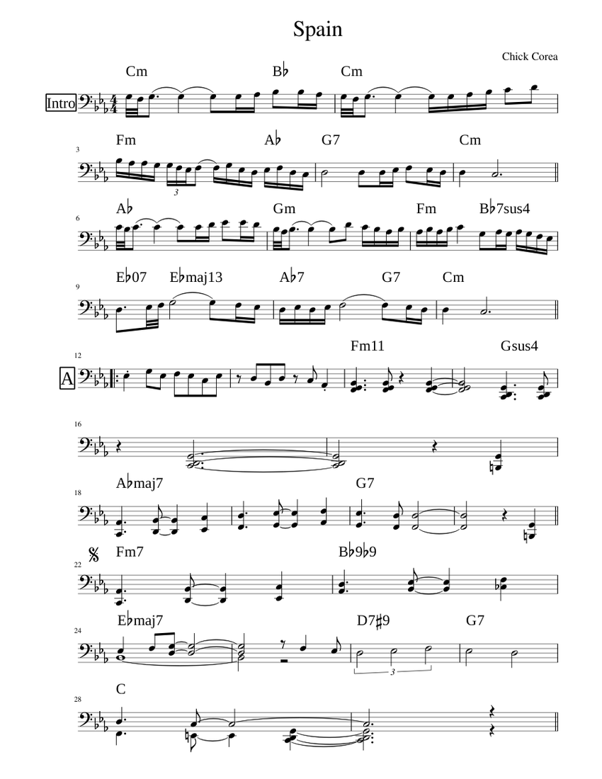 Chick Corea Spain Sheet Music with Chords for Bass guitar (Solo ...
