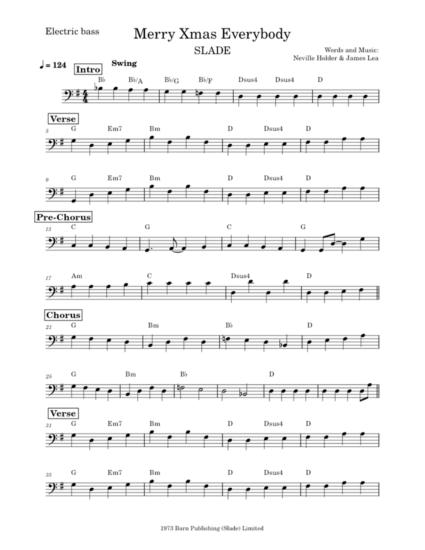 Merry Xmas Everybody - Slade (bass) Sheet Music with Chords for Bass ...