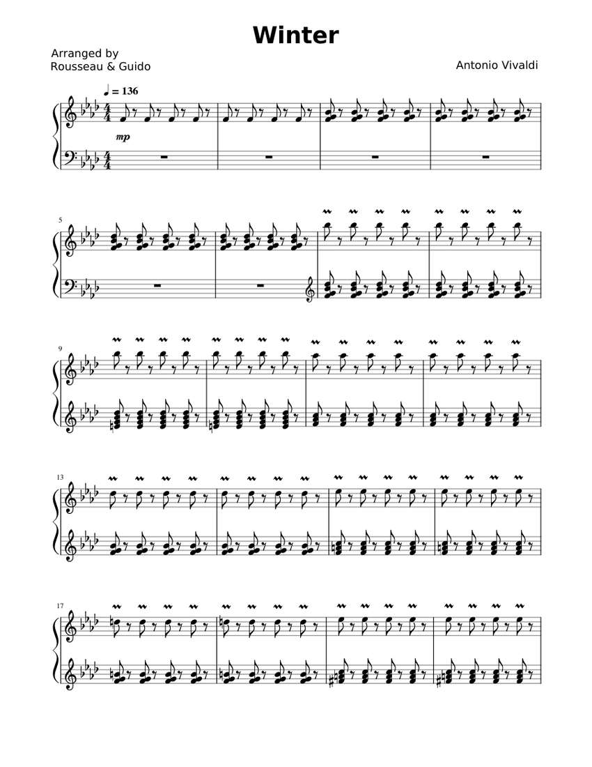 Vivaldi - Winter (Rousseau Version [Original]) Sheet Music for Piano ...