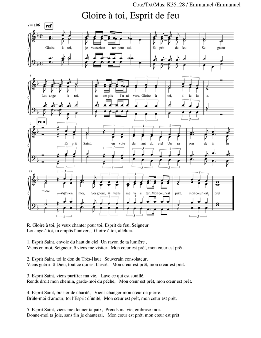 Gloire a Toi esprit de feu-K35 28-dp-satb Sheet music for Piano (SATB) | Musescore.com