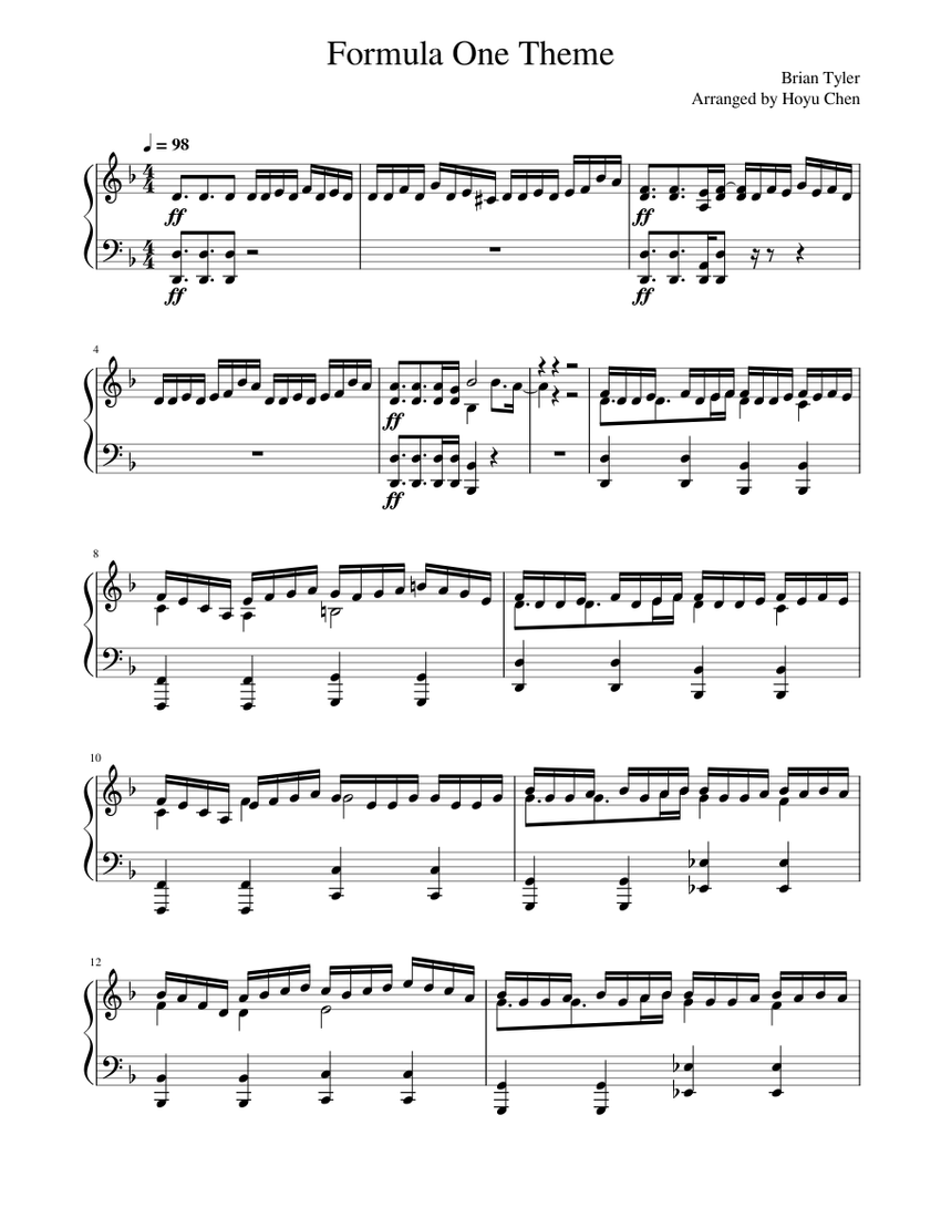 Formula 1 Theme – Brian Tyler Formula One Theme Sheet Music for Piano (Solo) | MuseScore.com