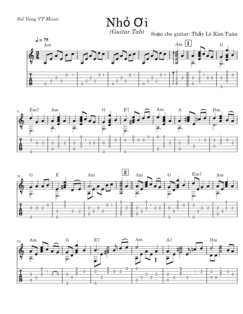 Nhỏ ơi Guitar Tab Sheet Music with Chords for Guitar (Solo) | MuseScore.com