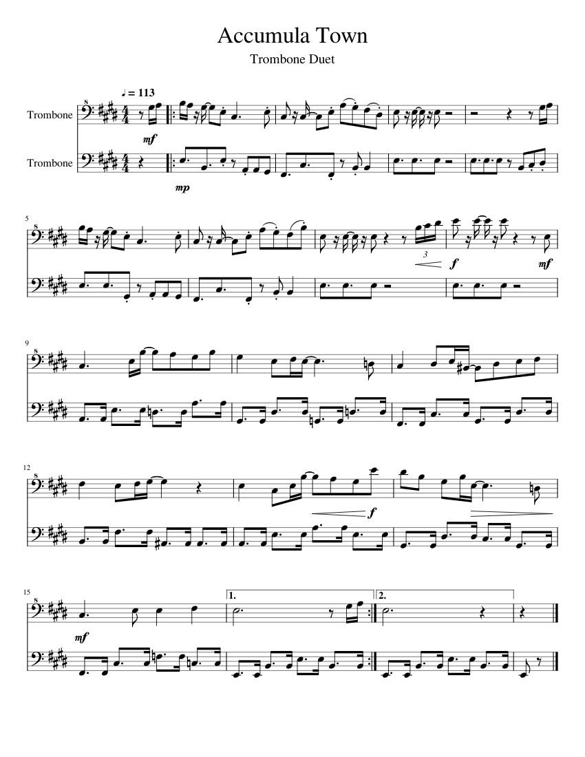 Pokemon B/W: Accumula Town - Trombone Duet Sheet Music for Trombone ...