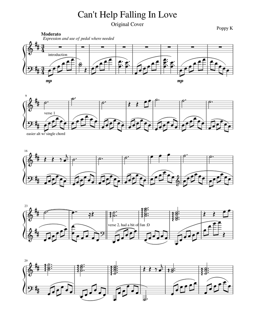Can't Help Falling In Love Sheet Music for Piano (Solo) Easy ...