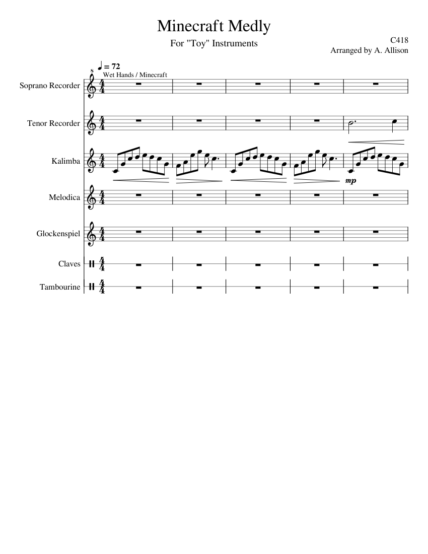 Minecraft Medly for "Toy Instruments" Sheet Music for Tambourine ...