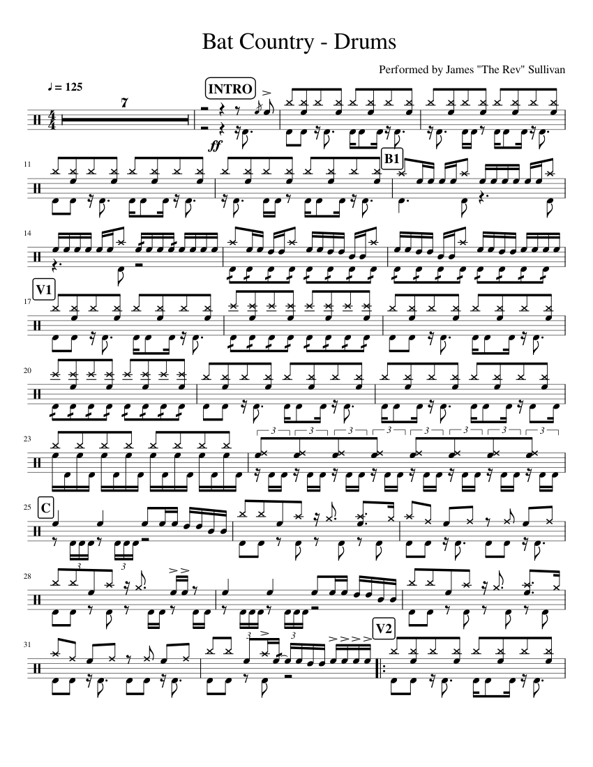 Avenged Sevenfold - Bat Country (DRUMSET PART) Sheet music for Drum ...