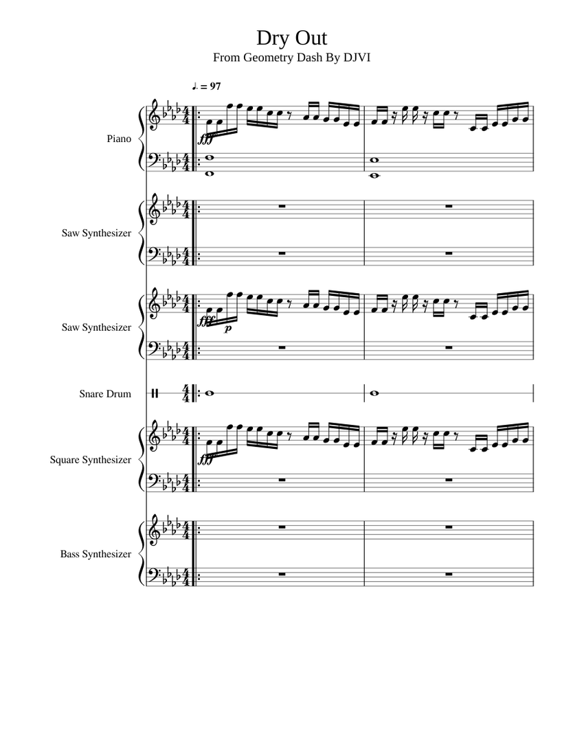 Dry out Sheet music for Piano, Snare drum, Bass guitar, Synthesizer (Piano Sextet) | Musescore.com