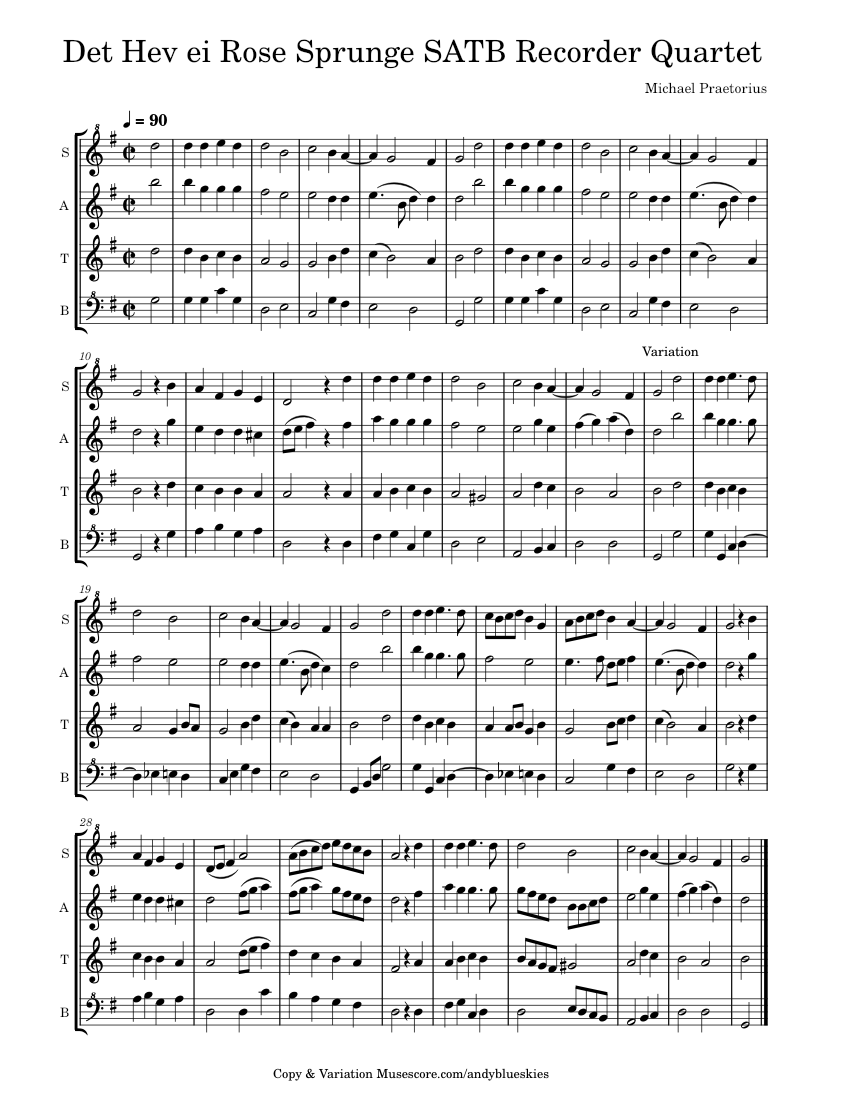 Det Hev ei Rose Sprunge SATB Recorder Quartet – Michael Praetorius ...
