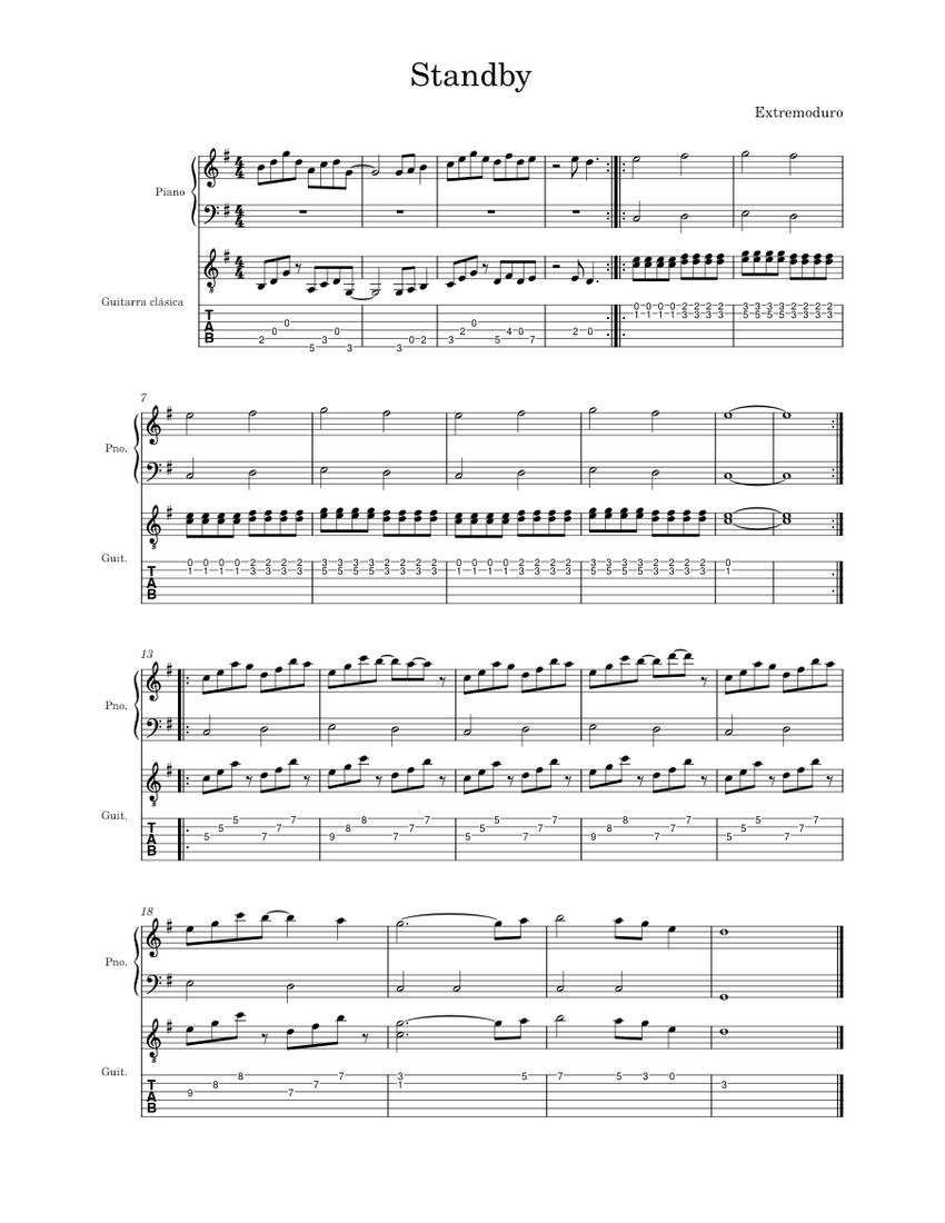 Standby – Extremoduro Sheet Music and Tab for Piano, Guitar (Mixed Duet ...
