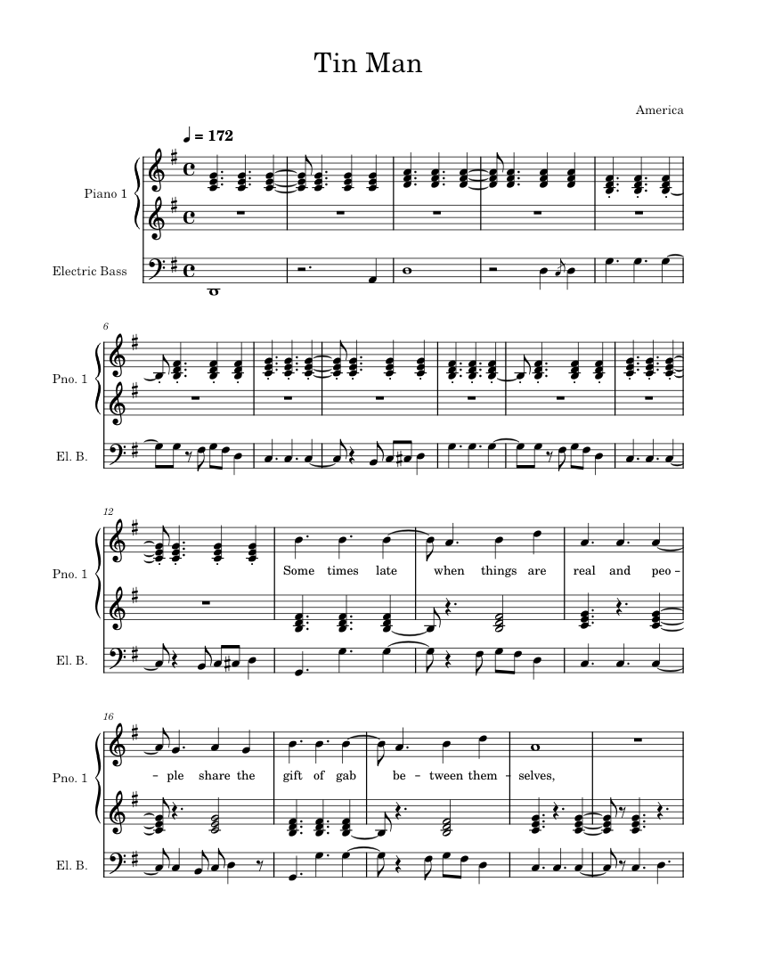 Tin Man - America Sheet Music for Piano, Male, Bass guitar (Mixed Trio ...