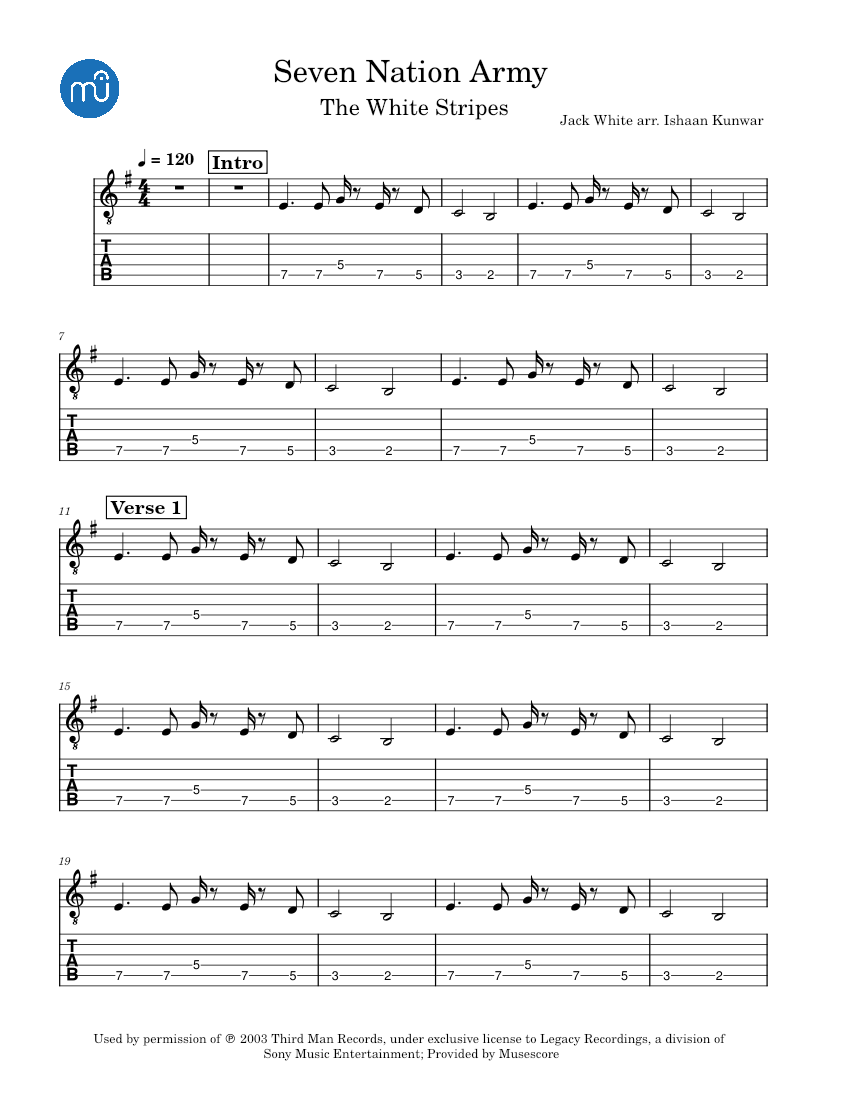 GTR112-M11 Seven Nation Army. Sheet Music and Tab for Guitar (Solo ...