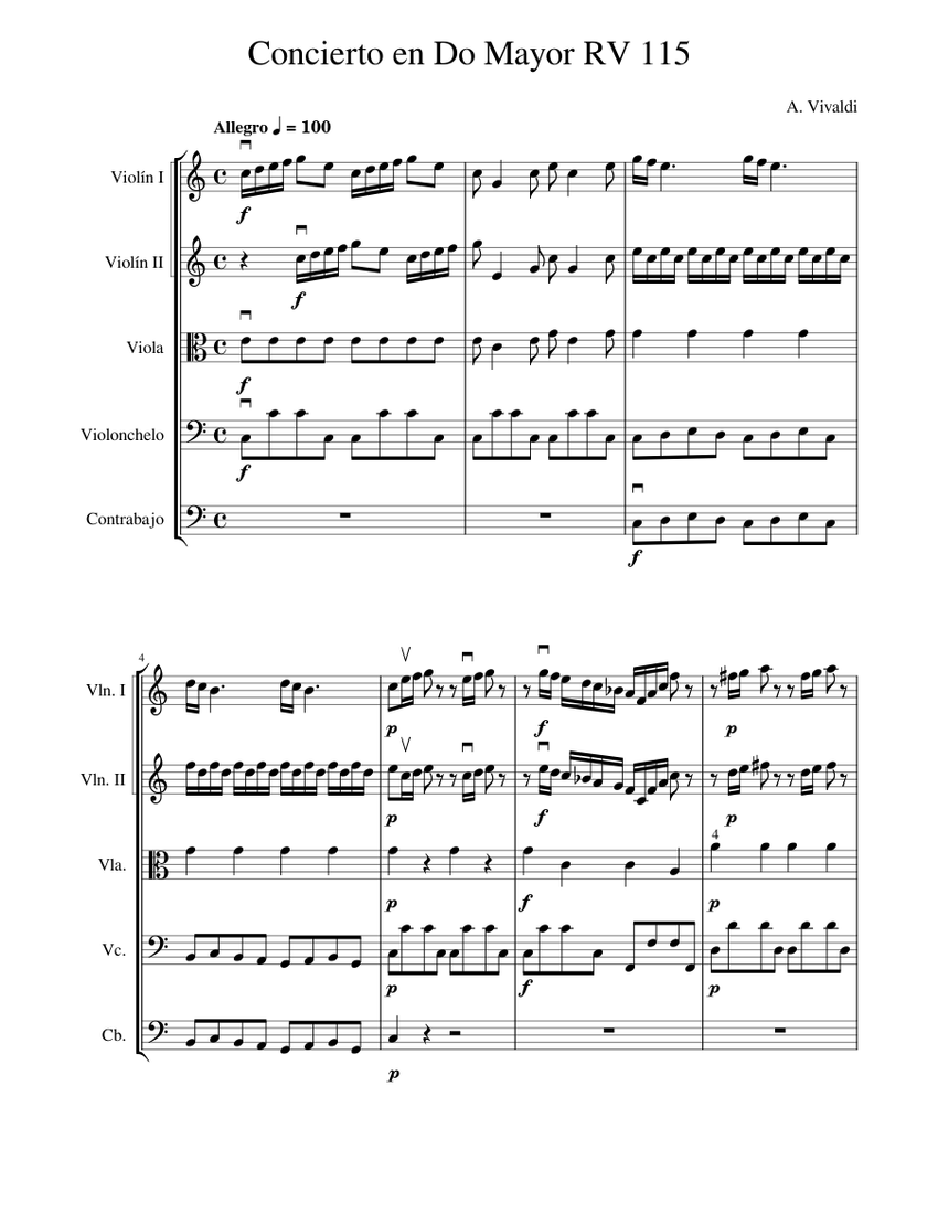 Concerto for Strings in C major, RV 115 – Antonio Vivaldi Concierto en Do Mayor RV 115 Sheet ...