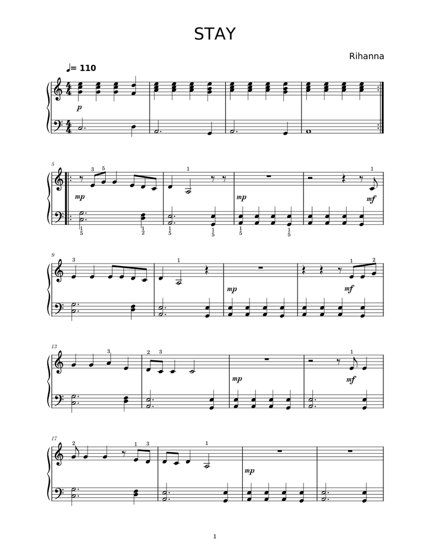 Stay – Rihanna Stay - Rihanna (Easy Version) - Whitehatjr Sheet Music ...