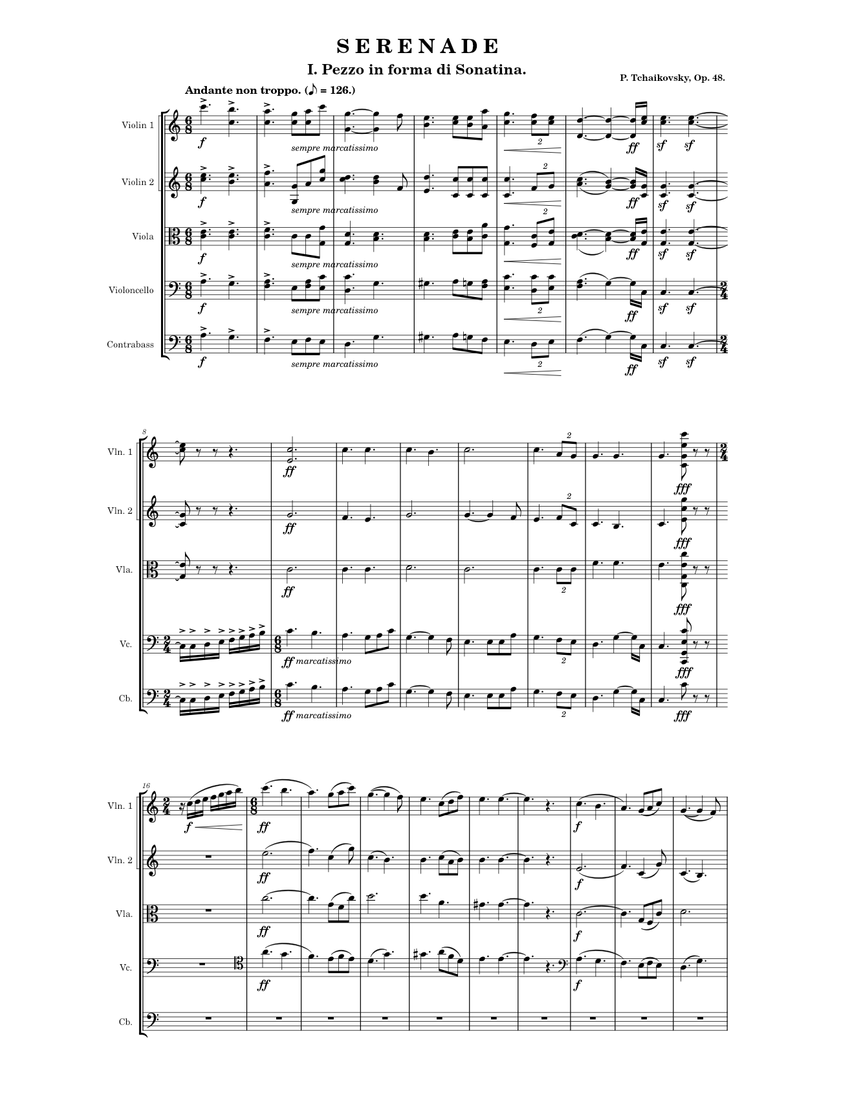 Tchaikovsky - Serenade for Strings, Op. 48 Sheet Music for Contrabass, Violin, Viola, Cello ...