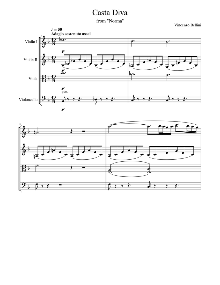 Casta Diva for String Quartet Sheet Music for Violin, Viola, Cello ...