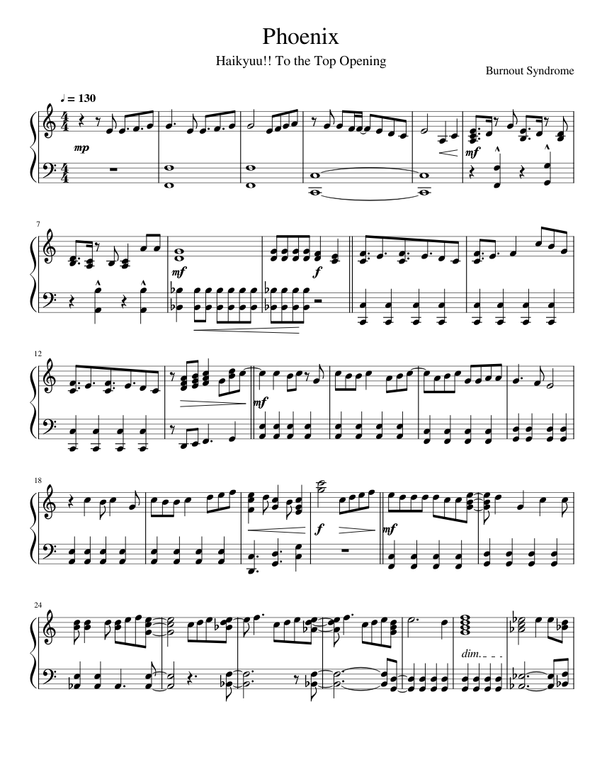Phoenix (Haikyuu!! To the Top OP) - Burnout Syndrome Sheet Music for ...