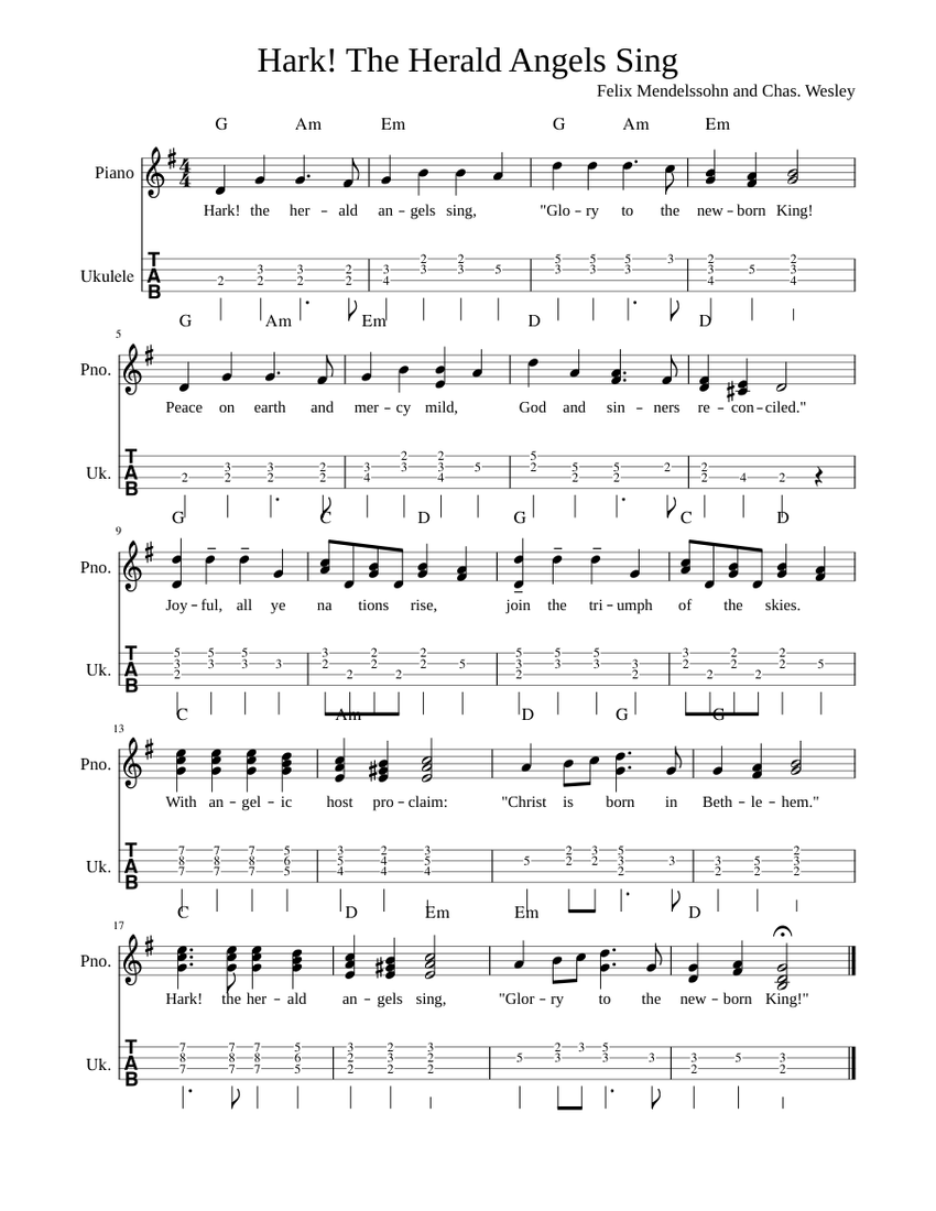 Hark The Herald Angels Sing (Ukulele) Sheet Music and Tab with Chords ...