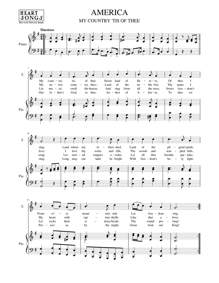 AMERICA - MY COUNTRY 'TIS OF THEE Sheet Music for Piano, Tenor (Piano ...