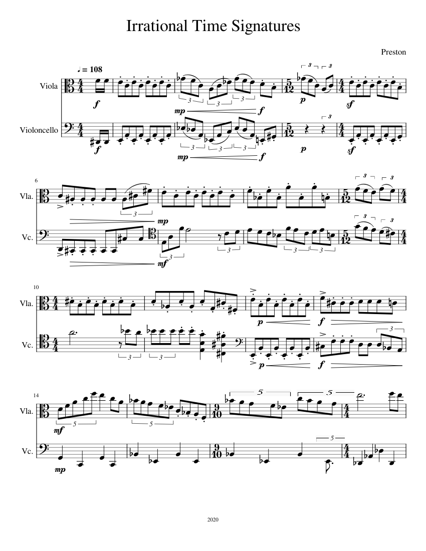 Irrational Time Signatures Sheet Music for Viola, Cello (String Duet ...
