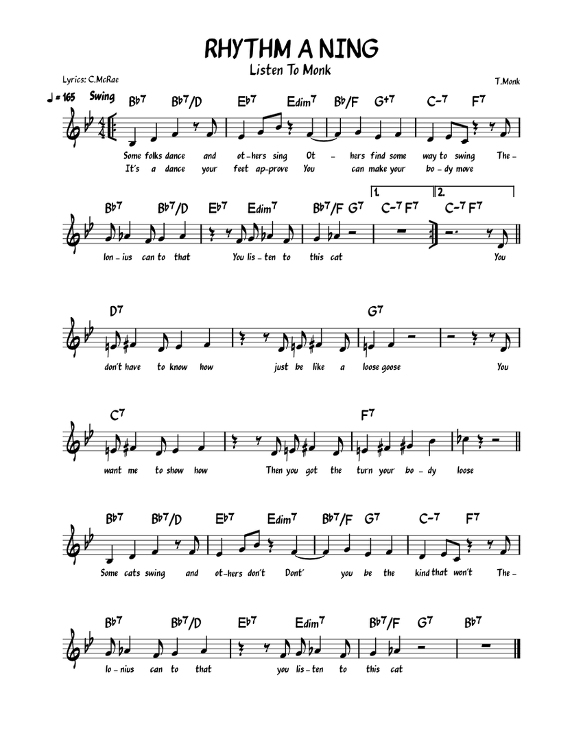 Rhythm-A-Ning – Thelonious Monk Sheet Music for Piano (Solo) Easy ...