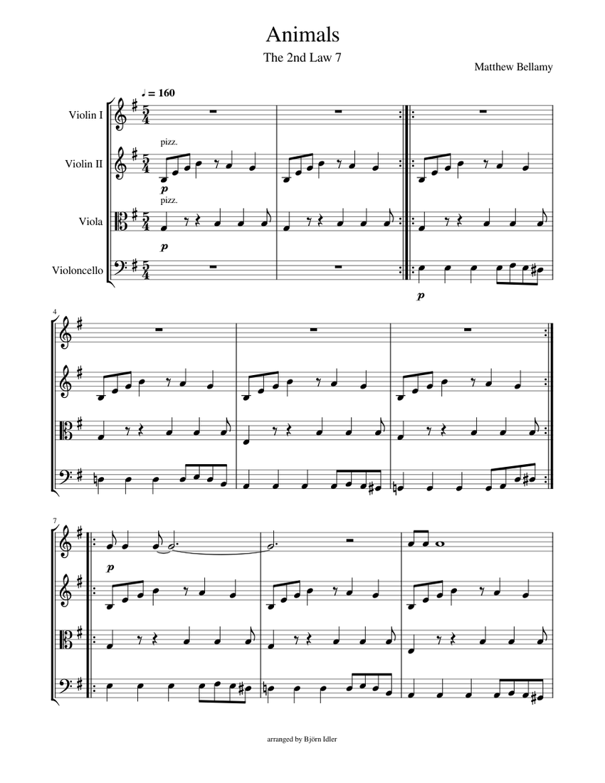 Muse - Animals Sheet Music for Violin, Viola, Cello (String Quartet ...