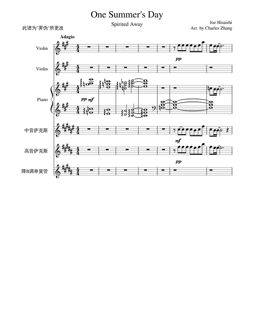 One Summer's Day Sheet music for Piano, Clarinet in b-flat, Saxophone ...