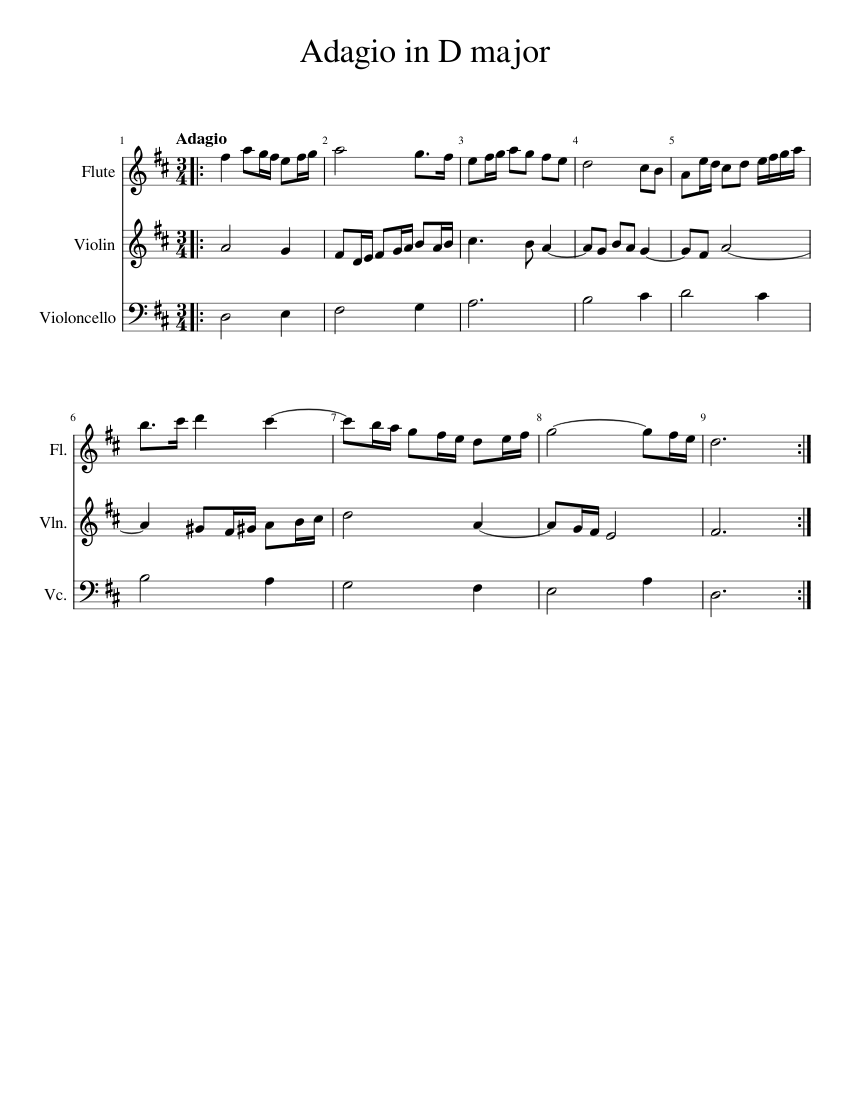 Adagio in D major Sheet music for Flute, Violin, Cello (Mixed Trio ...