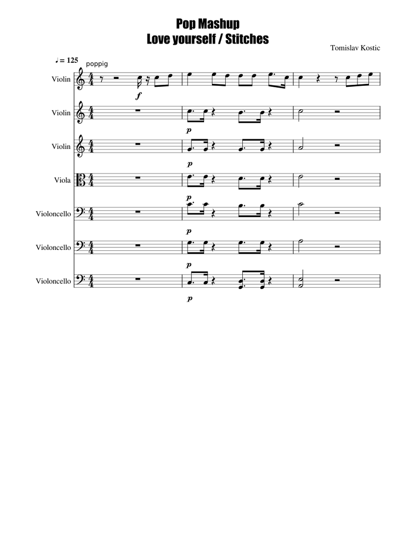 Pop Mashup Sheet Music for Violin, Viola, Cello (String Orchestra ...