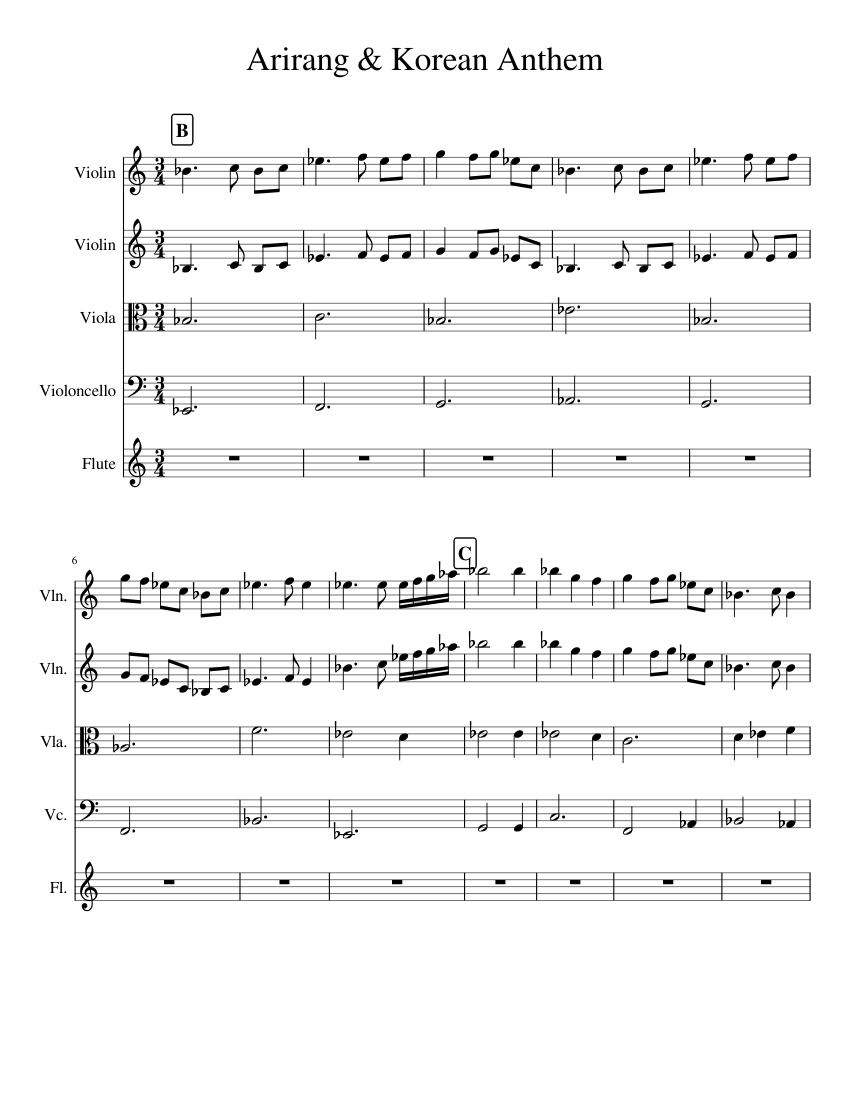 Arirang edit Sheet music for Flute, Violin, Viola, Cello (String ...