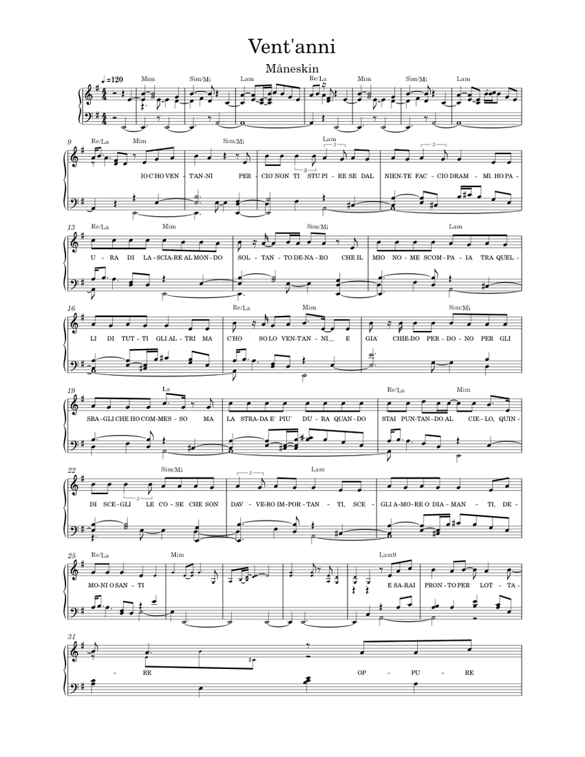 Vent'anni – Måneskin Sheet Music with Chords for Piano (Solo ...