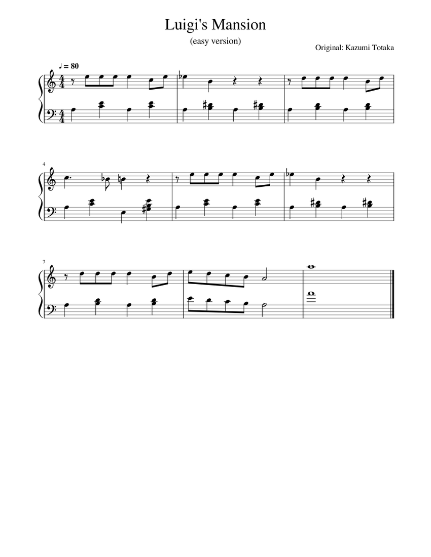 Luigi's Mansion Theme (easy version) Sheet Music for Piano (Solo ...