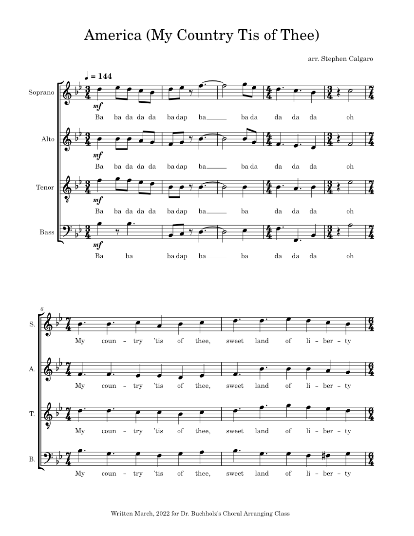 My Country 'Tis of Thee (SATB) Sheet Music for Soprano, Alto, Tenor ...
