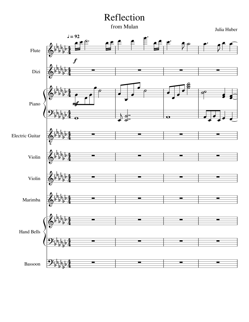 Reflection from Mulan Sheet Music for Piano, Flute, Bassoon, Violin ...
