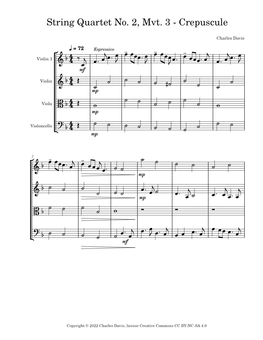 String Quartet No. 2, Mvt. 3 - Crepuscule Sheet music for Violin, Viola ...