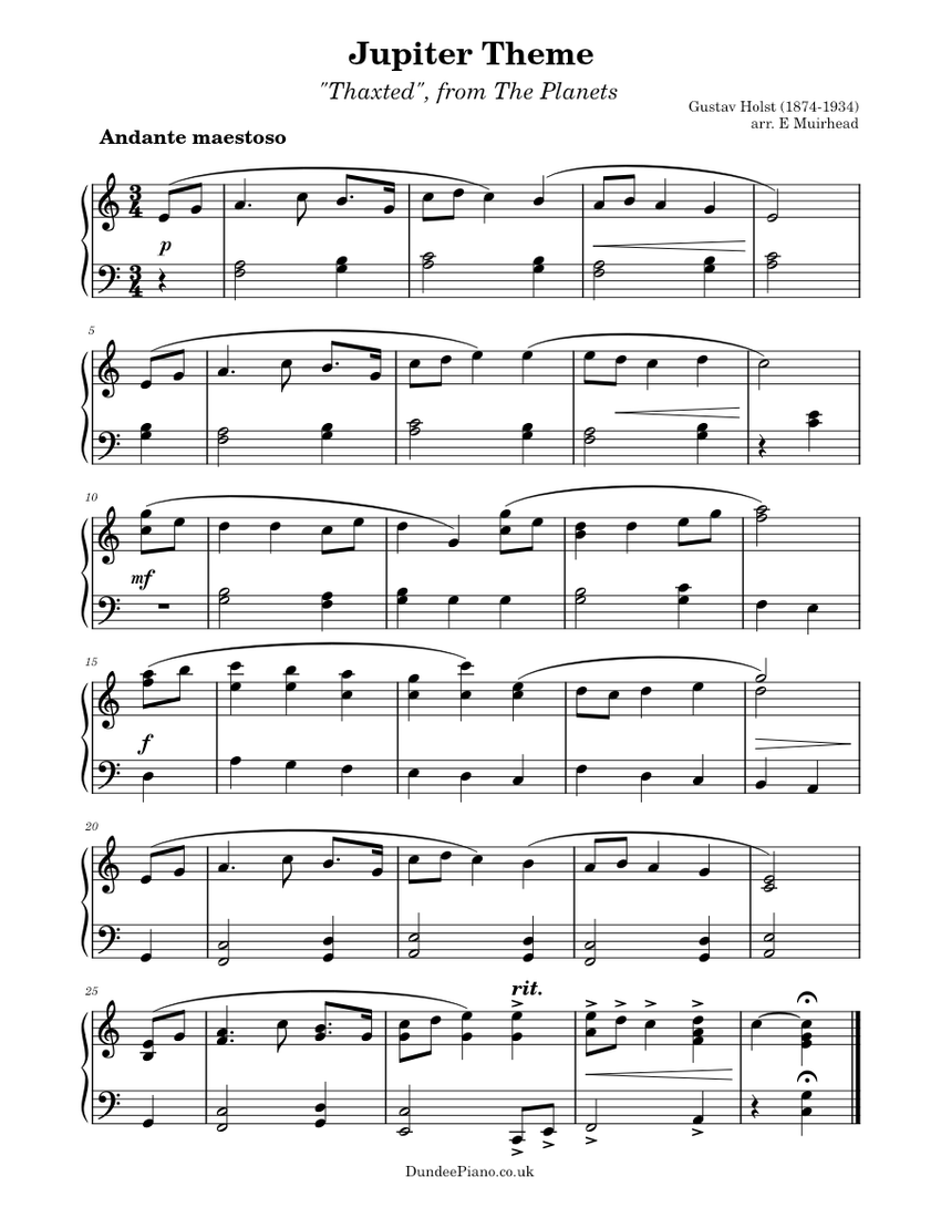 Jupiter Theme, arranged for piano - Gustav Holst Sheet Music for Piano ...