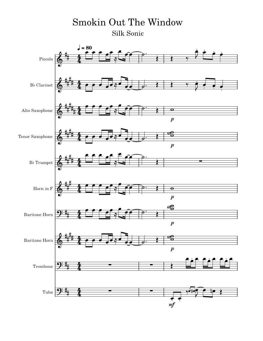 Smokin Out The Window – Silk Sonic Sheet music for Trombone, Tuba, Flute piccolo, Clarinet in b ...